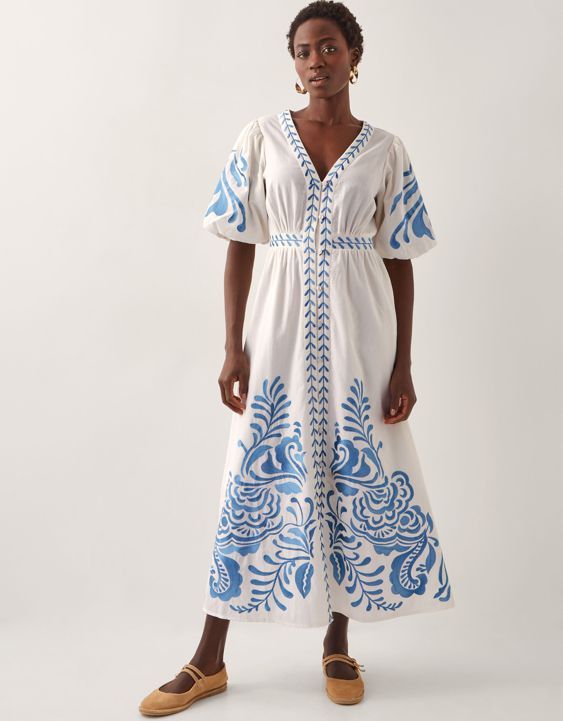 Maria Embroidered Puff Sleeve Midi Dress White | Day Dresses | Monsoon UK.