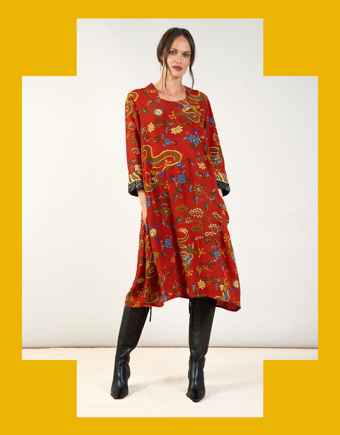 One Hundred Stars Asymmetric Dragon Print Dress Orange