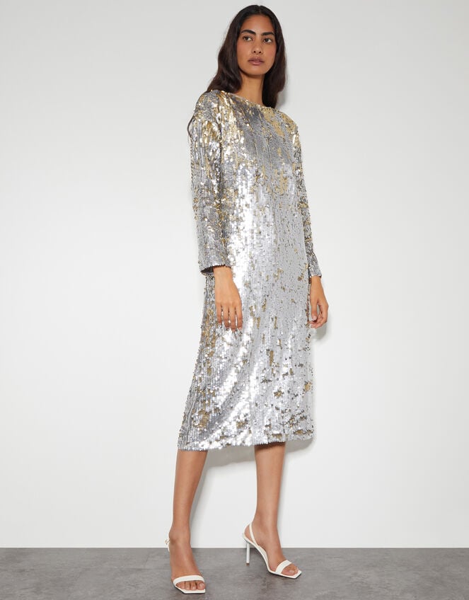 Marie Long Sleeve Sequin Midi Dress Silver | Evening Dresses | Monsoon UK.
