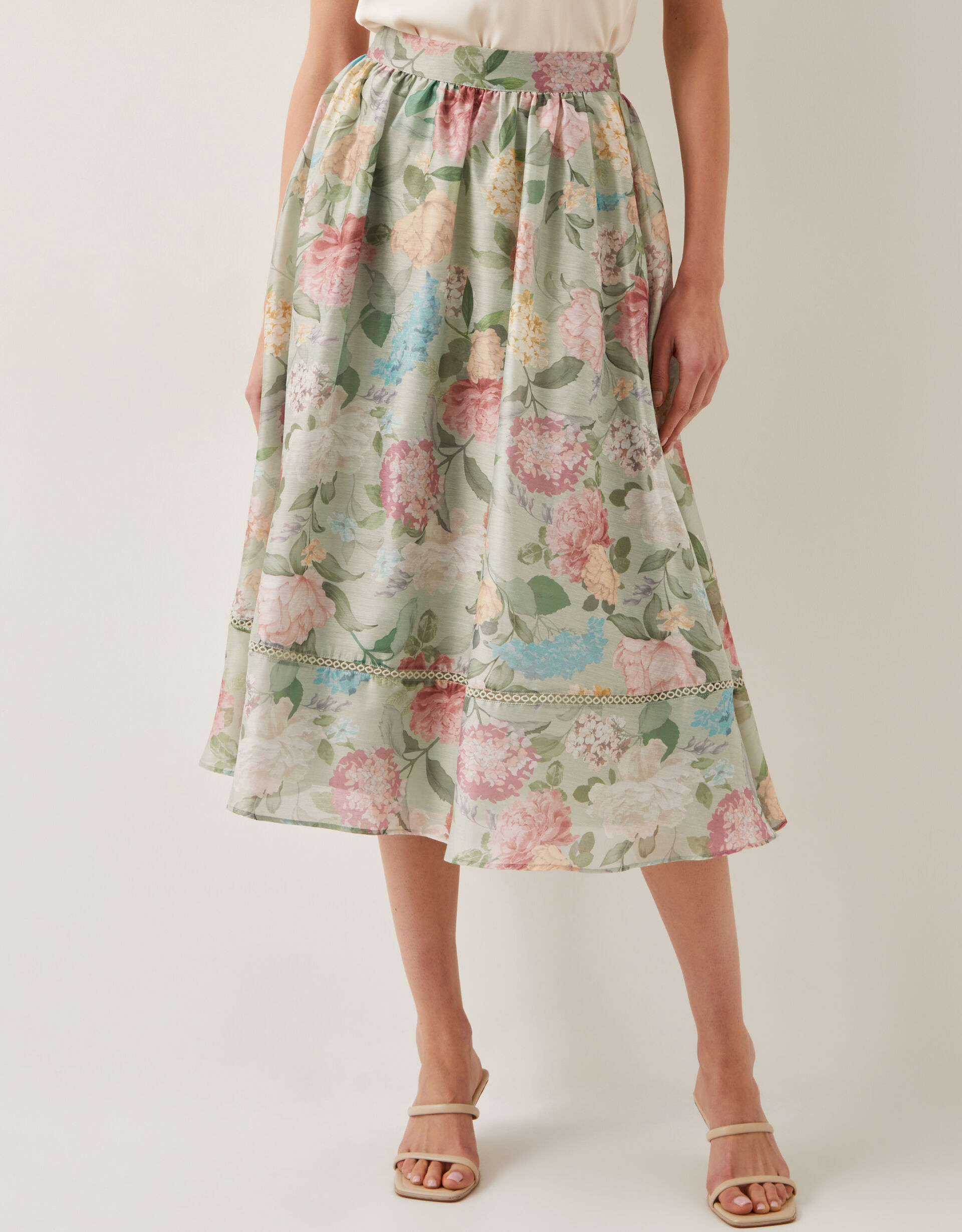 Agnes Floral Print Midi Skirt Green