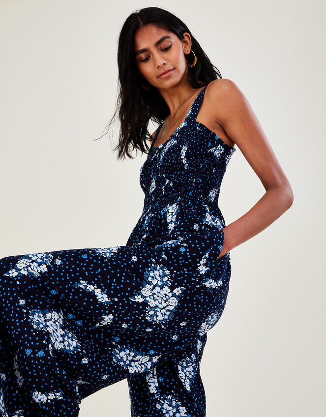 Paisley Print Shirred Jumpsuit In Lenzing™ Ecovero™ Blue Jumpsuits
