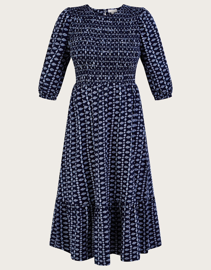 Geometric Print Tiered Shirred Jersey Dress Blue