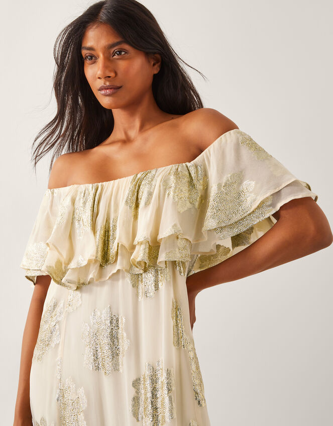 Lyra Metallic Ruffle Maxi Dress Ivory | Evening Dresses | Monsoon UK.