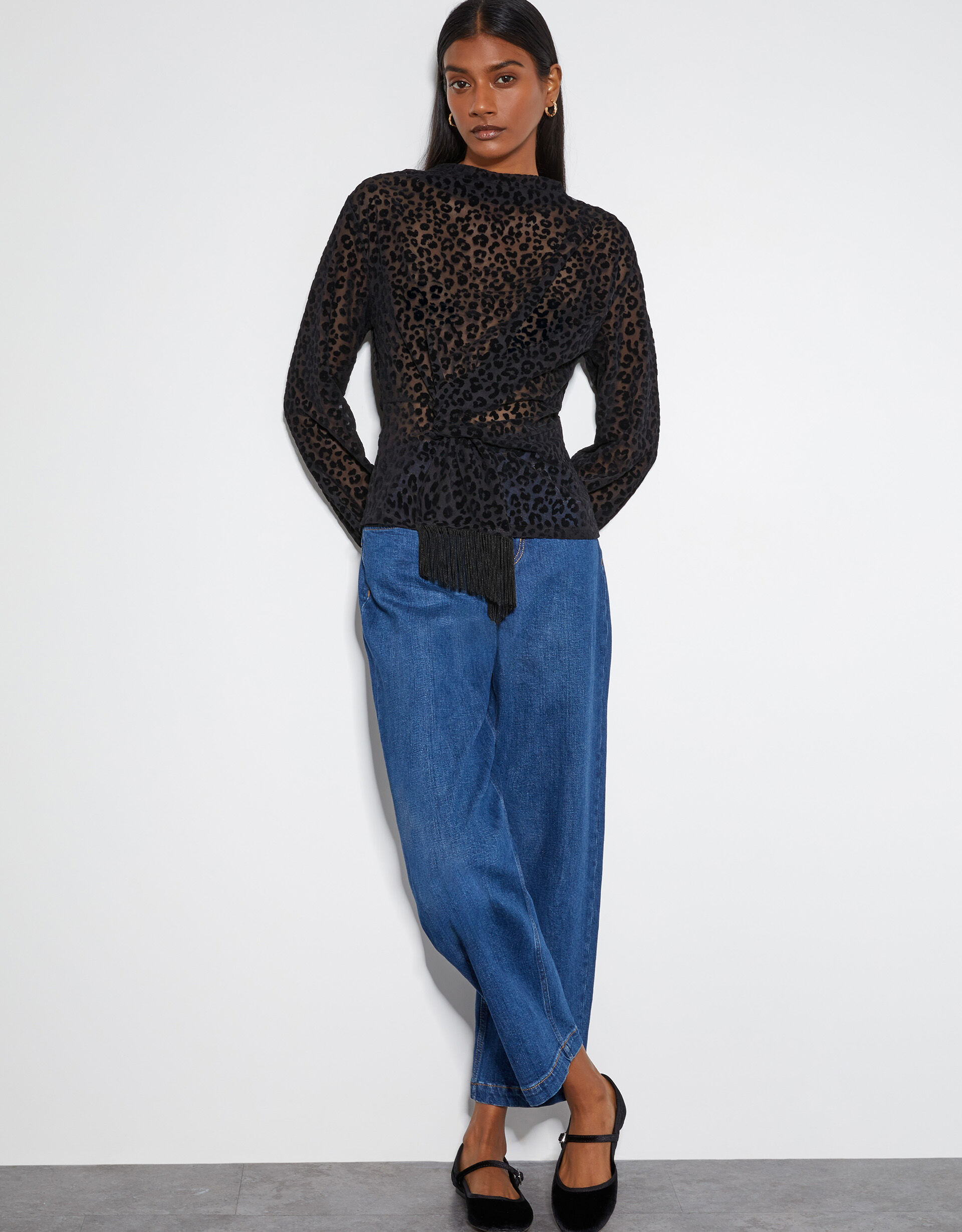 Deb Devoré Leopard Print Sheer Top Black