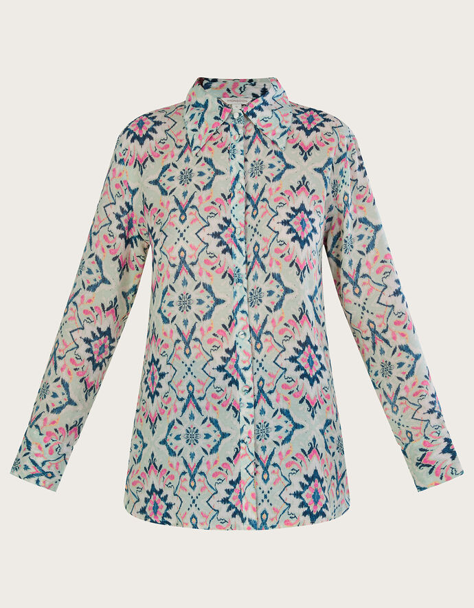 Isla Ikat Print Blouse In Sustainable Viscose Green Tops And T Shirts