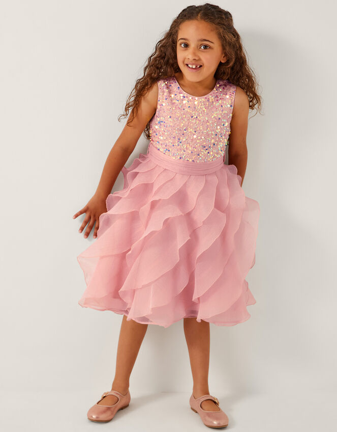 Sequin Waterfall Ruffle Party Dress Pink | Girls' Dresses | Monsoon UK.