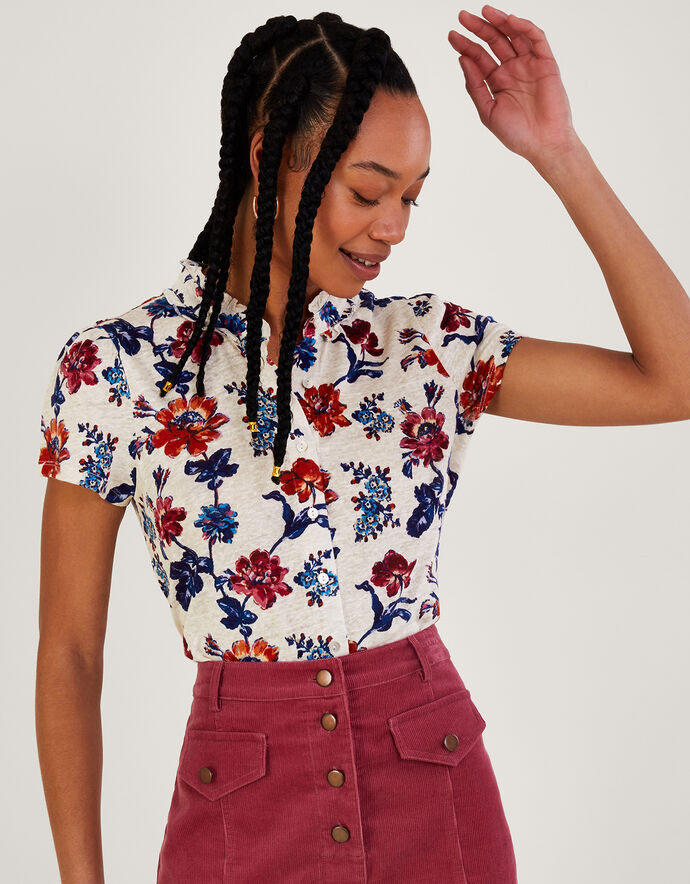 Printed Floral Cap Sleeve Linen Top Multi