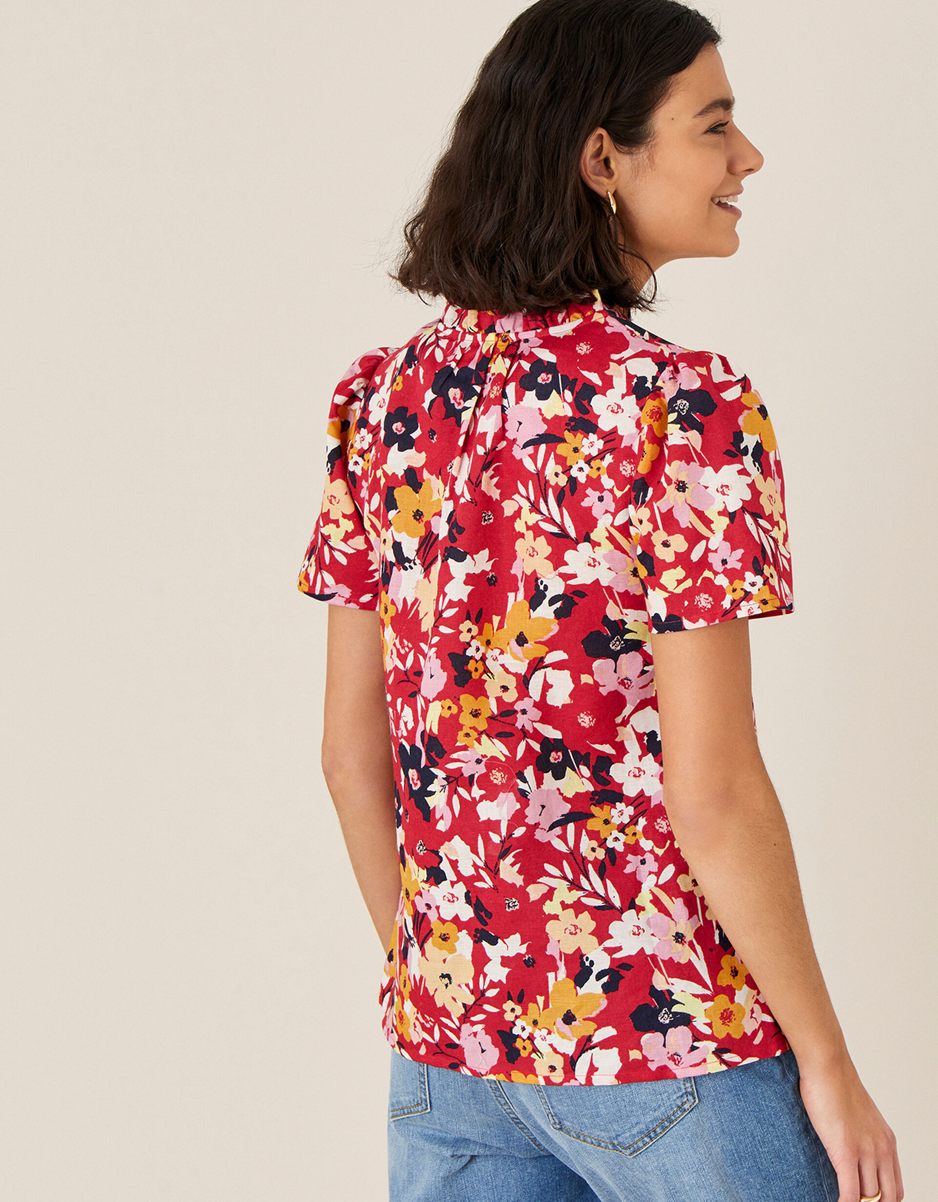 Floral Blouse in Linen Blend Red | Tops & T-shirts | Monsoon UK.