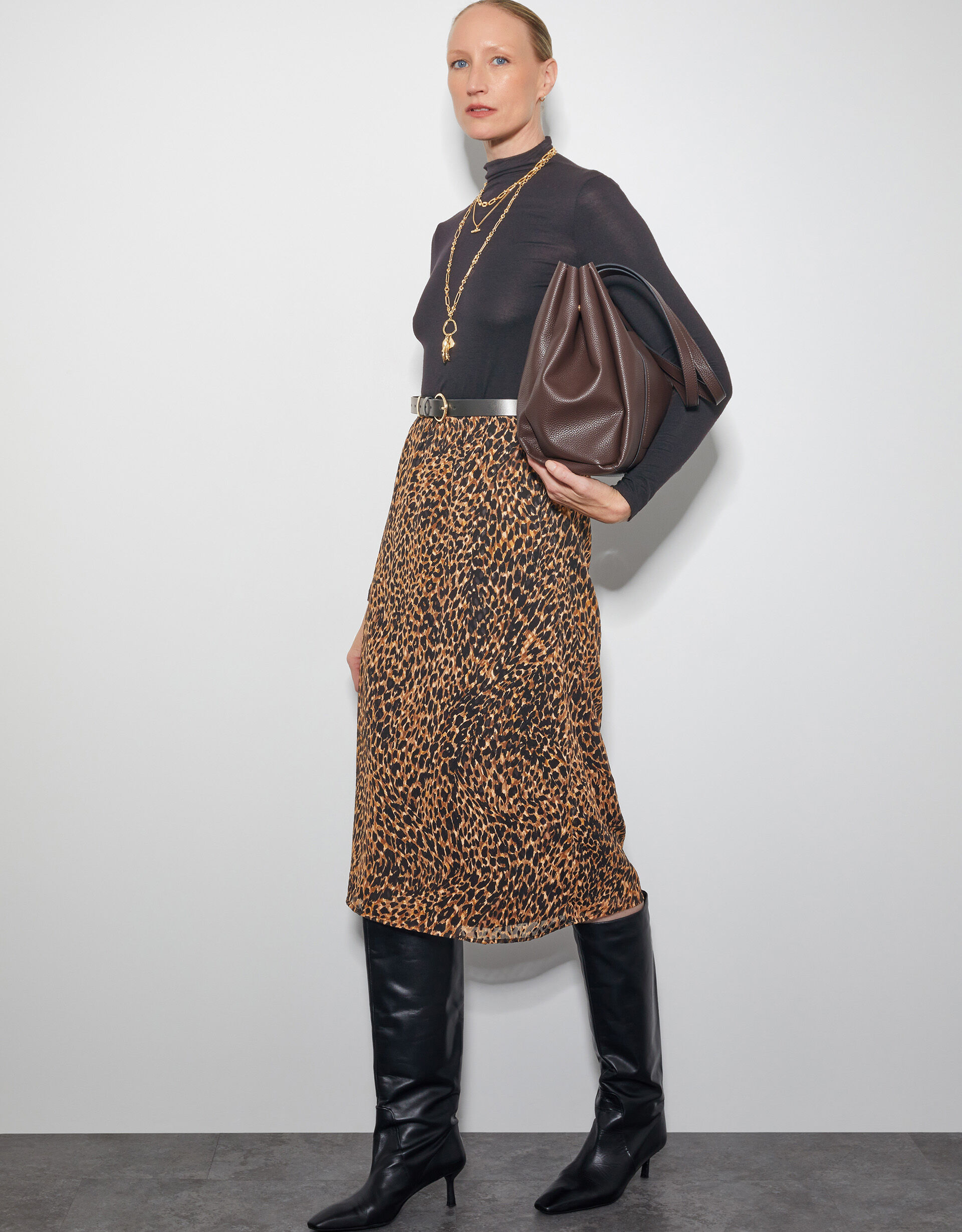Liza Leopard Print Midi Skirt Brown