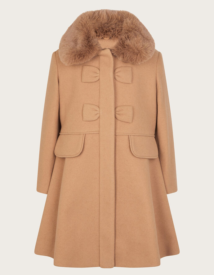 Faux Fur Collar Bow Swing Coat Camel | Girls' Coats & Jackets | Monsoon UK.