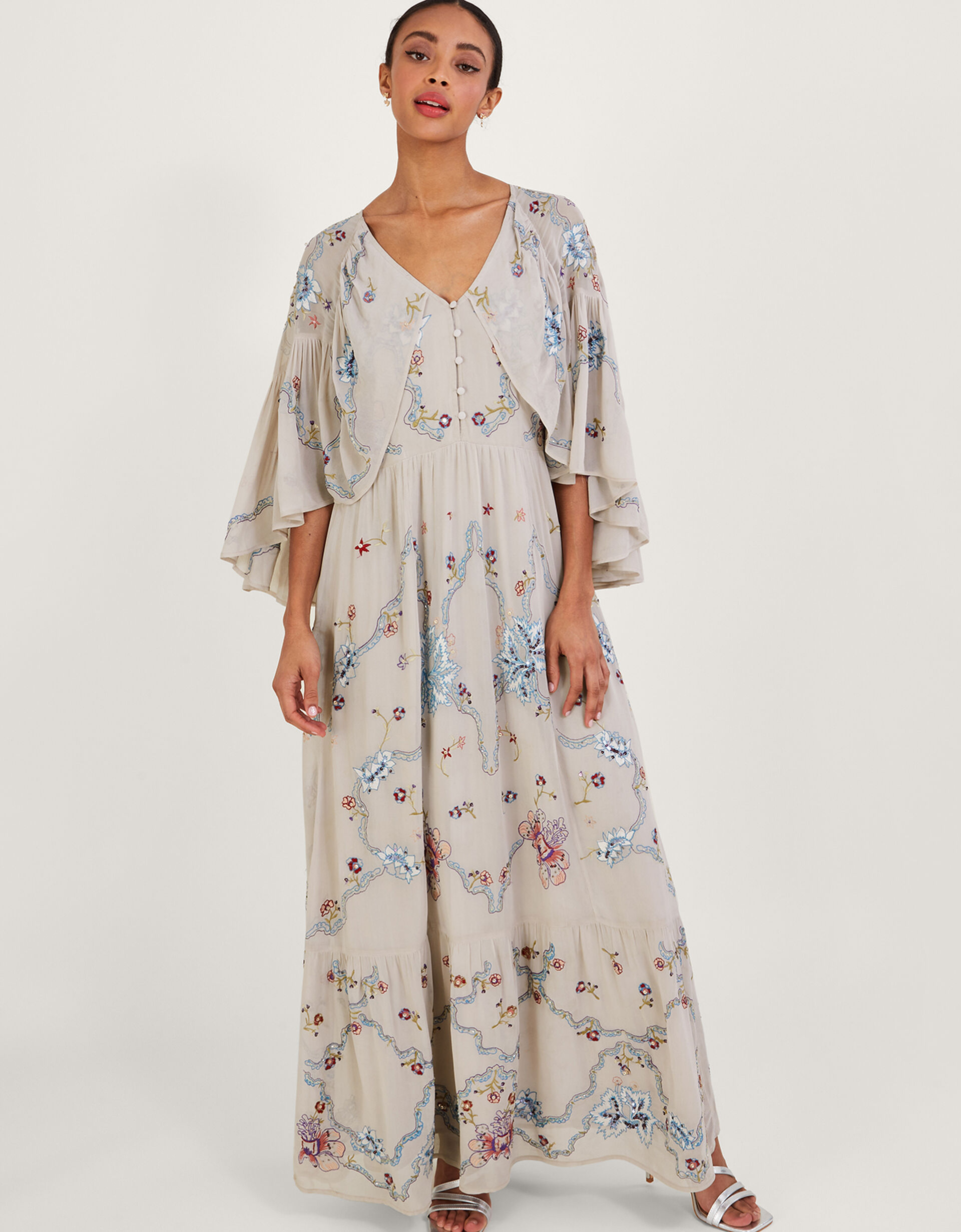 Seraphina Embroidered Cape Maxi Dress Nude | Evening Dresses | Monsoon UK.