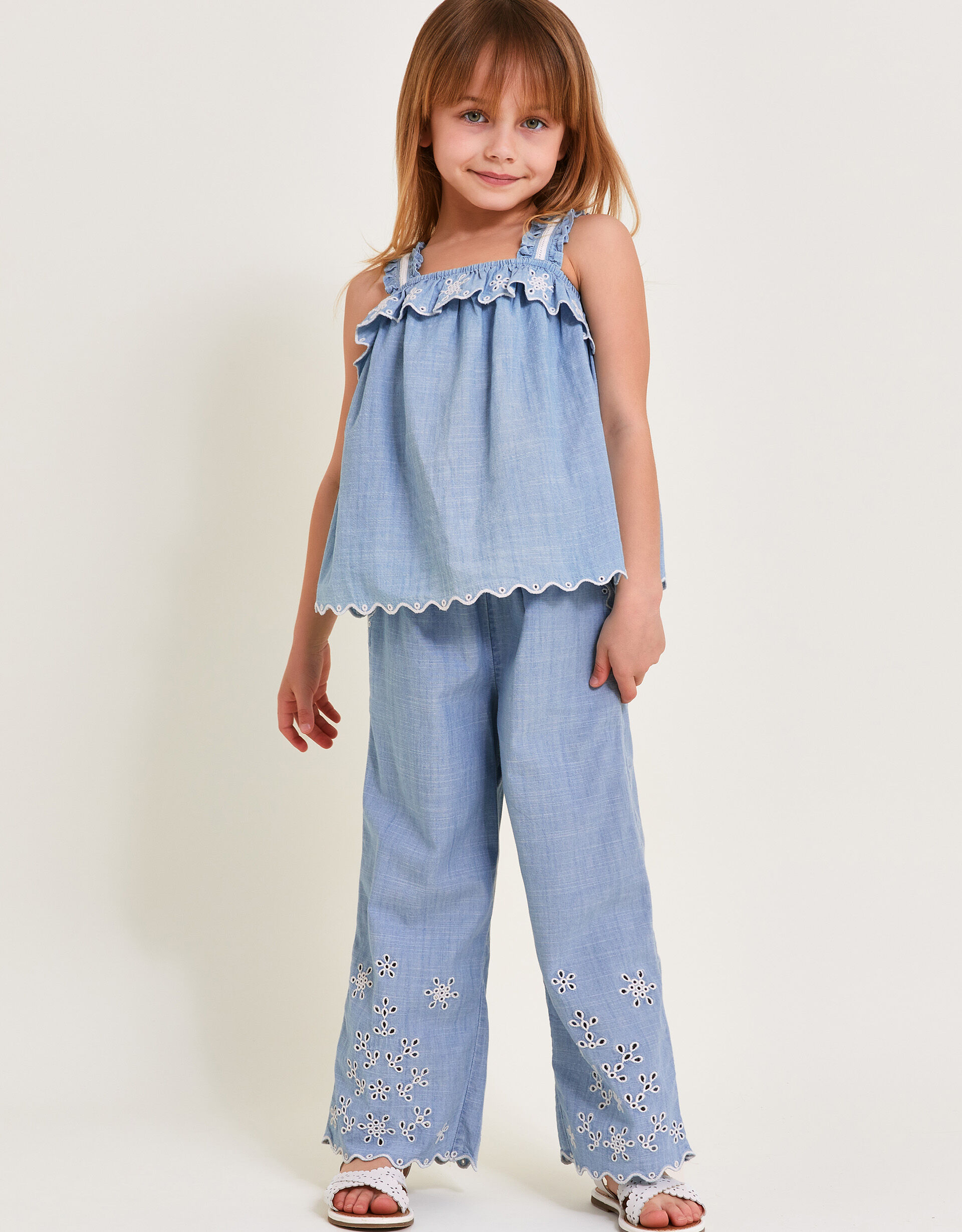 Broderie Wide-Leg Trousers Blue | Girls' Trousers & Leggings | Monsoon UK.