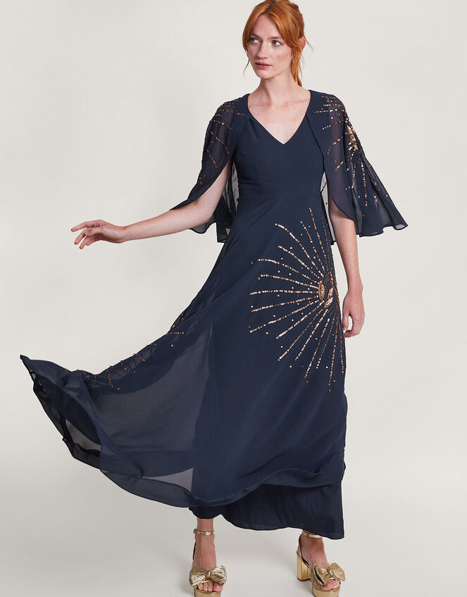 Ella Embellished Cape Dress Blue | Evening Dresses | Monsoon UK.
