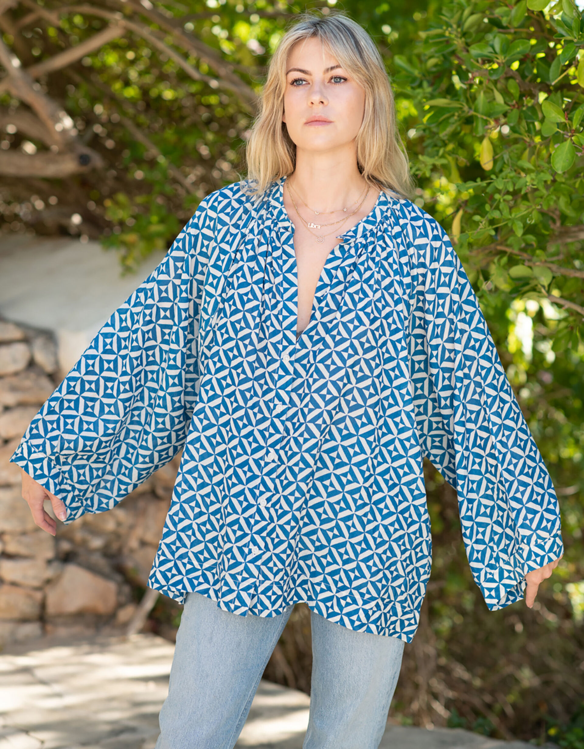 Lyrical Sisters Grace Geometric Print Blouse Blue