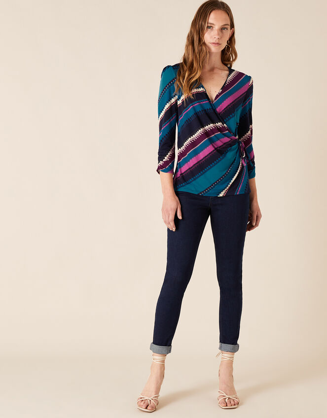 Stripe Print Jersey Wrap Top Teal | Blouses & Shirts | Monsoon UK.