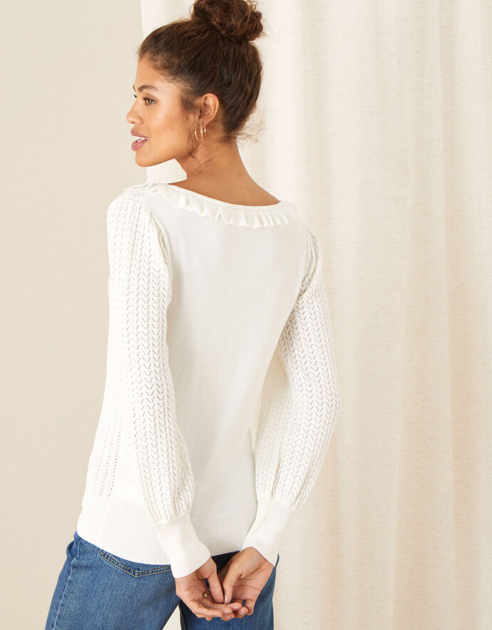 Sandra Ruffle Pointelle Jumper Ivory | Jumpers | Monsoon UK.