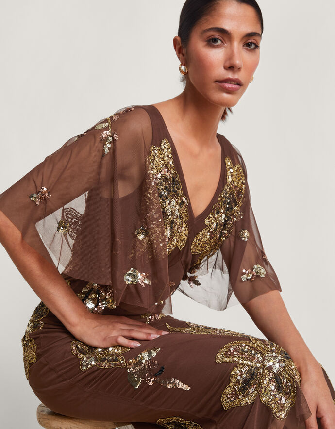 Fia Floral Embellished Dress Brown