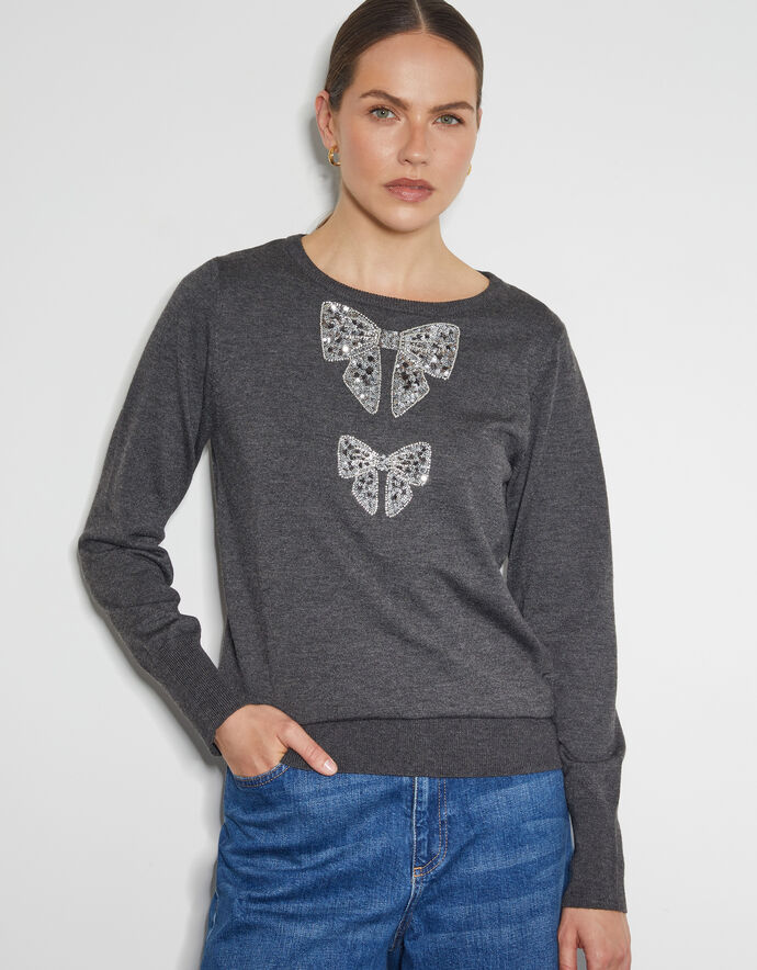 Di Sequin Bow Crew Neck Jumper Grey | Jumpers | Monsoon UK.