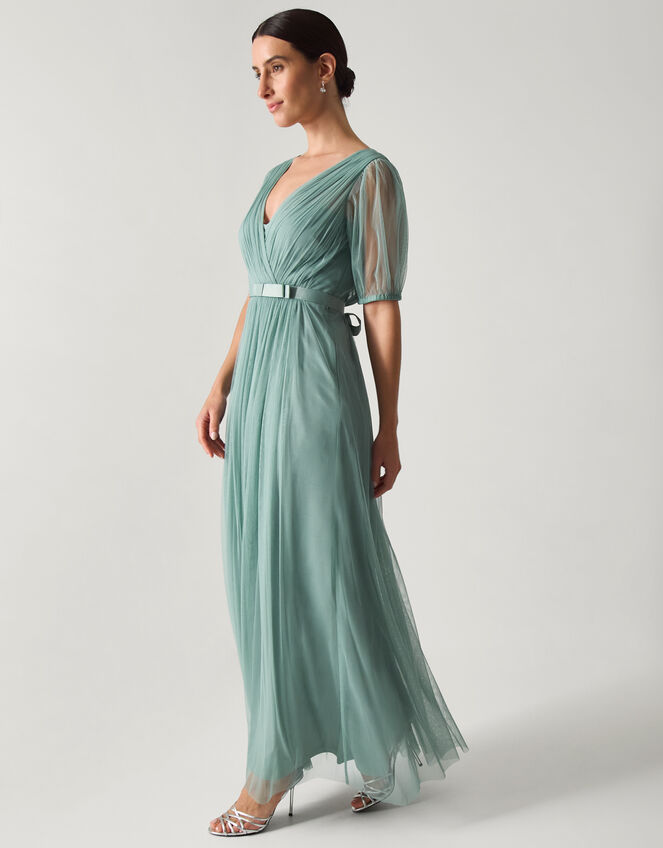 Ellie Sheer Sleeve Plunge Tulle Maxi Dress Green | Evening Dresses ...