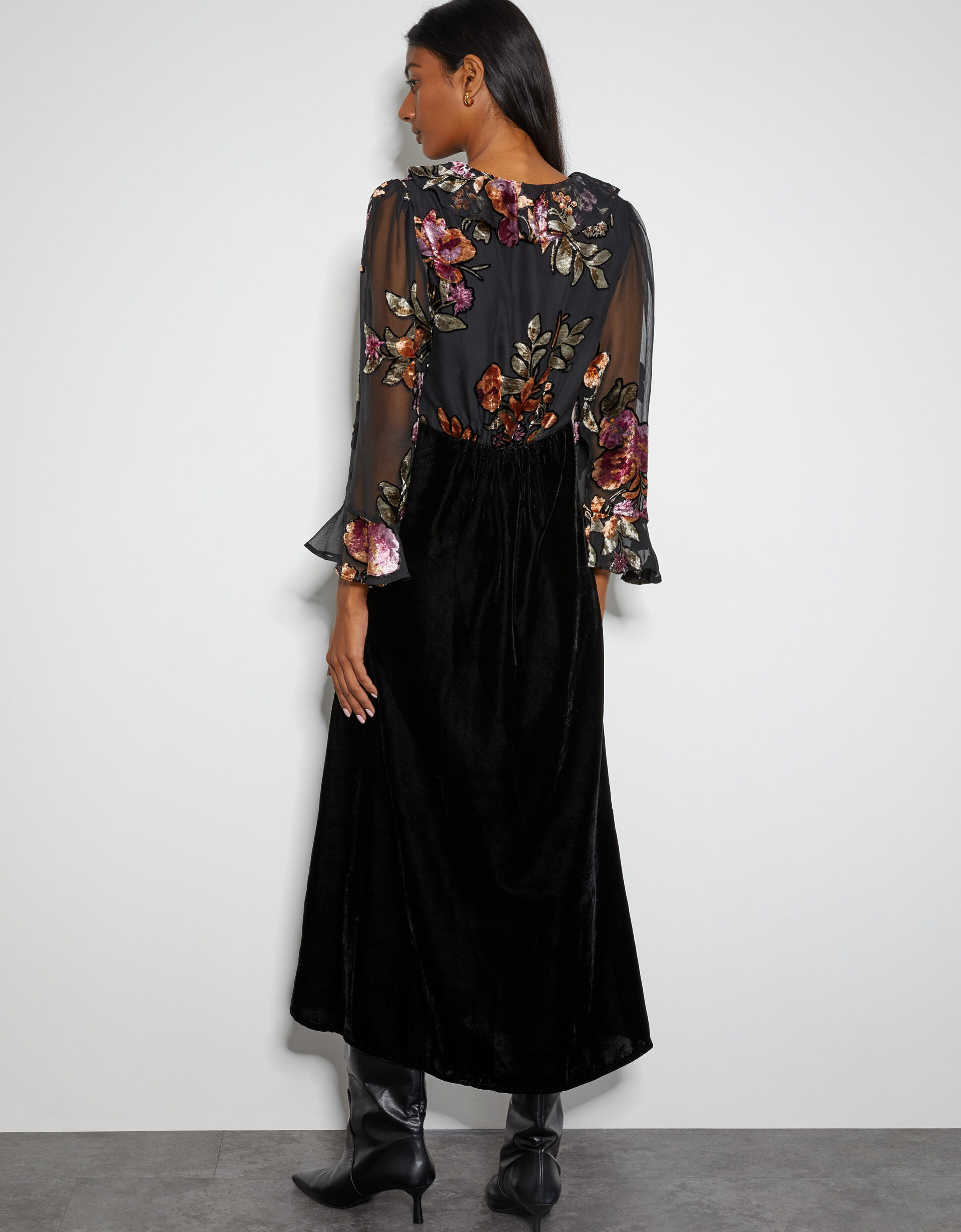 Ariella Floral Devore Velvet Midi Dress Black