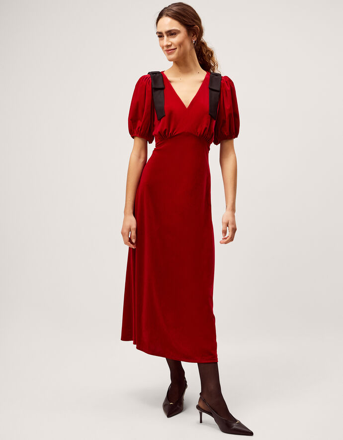 Betty Bow Velvet Midi Dress Red