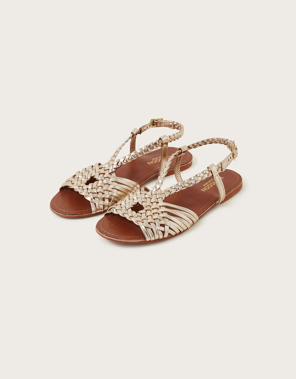 Woven Leather Plait Sandals Gold | Women's Shoes | Monsoon UK.