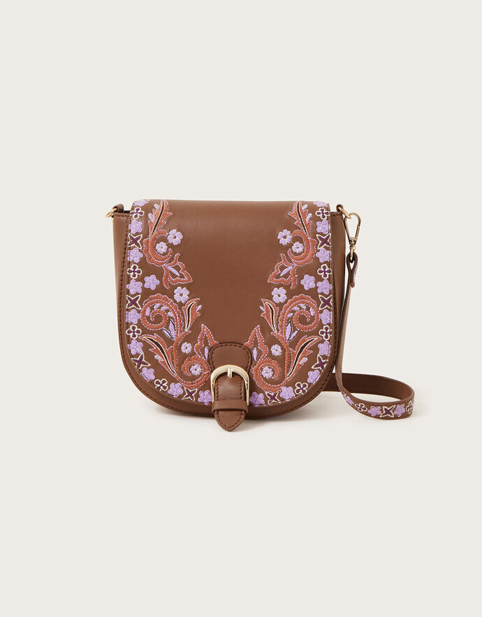 Embroidered Leather Saddle Cross-Body Bag