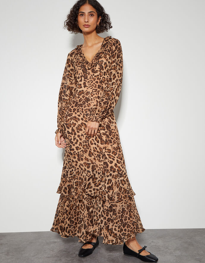 Rowena Leopard Print Ruffle Dress Brown | Evening Dresses | Monsoon UK.