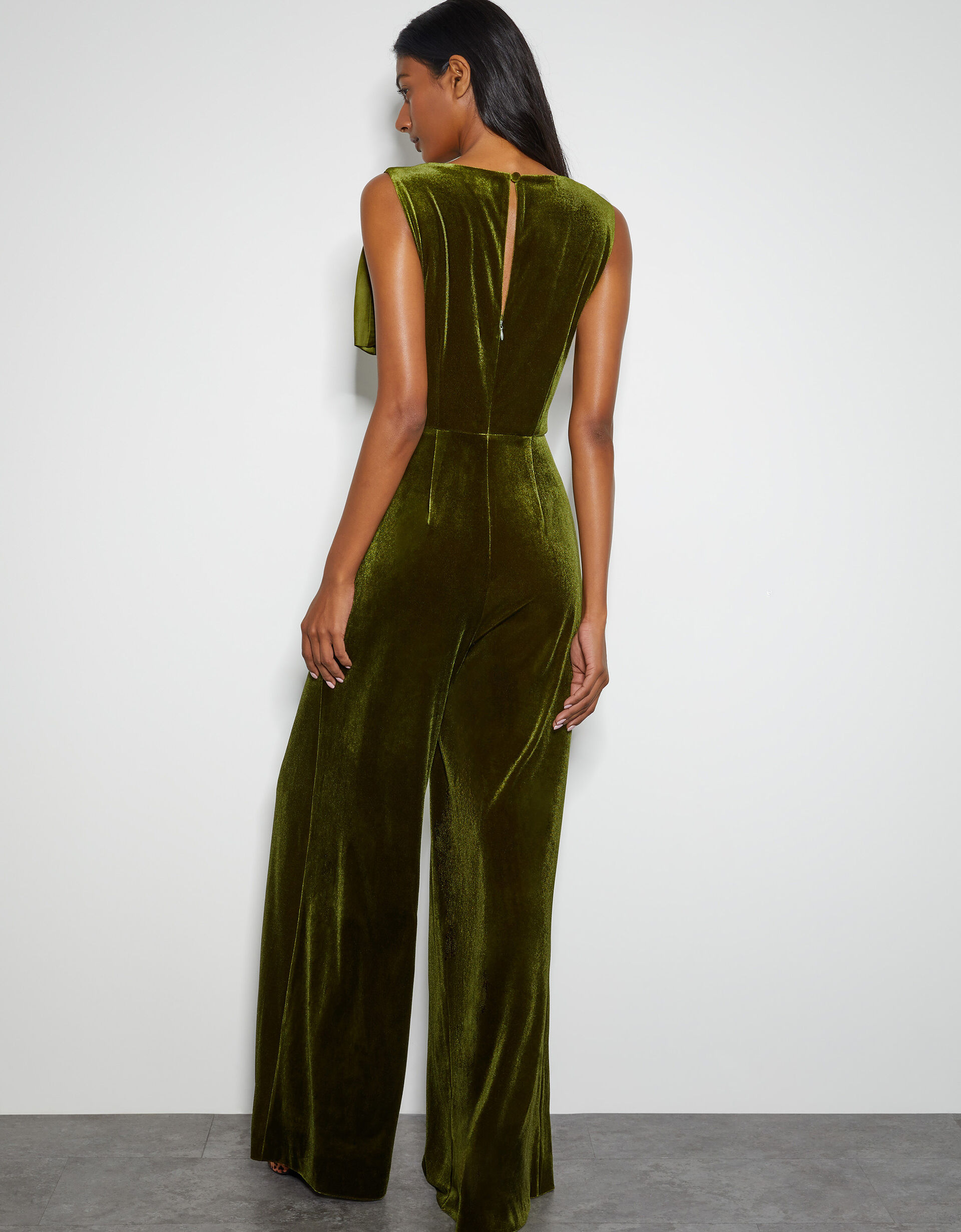 Monsoon x Sarah Corbett-Winder Satin Bow Velvet Jumpsuit Green ...