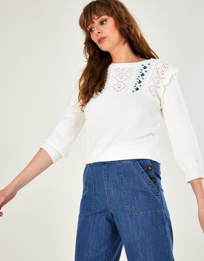 Embroidered Frill and Stitch Detail Jumper Ivory