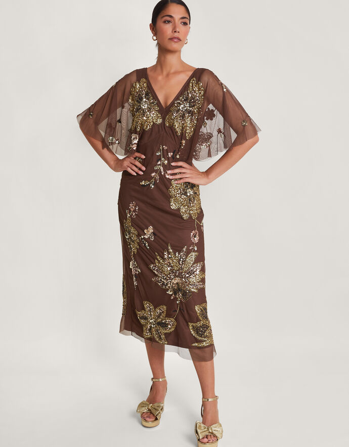 Fia Floral Embellished Dress Brown