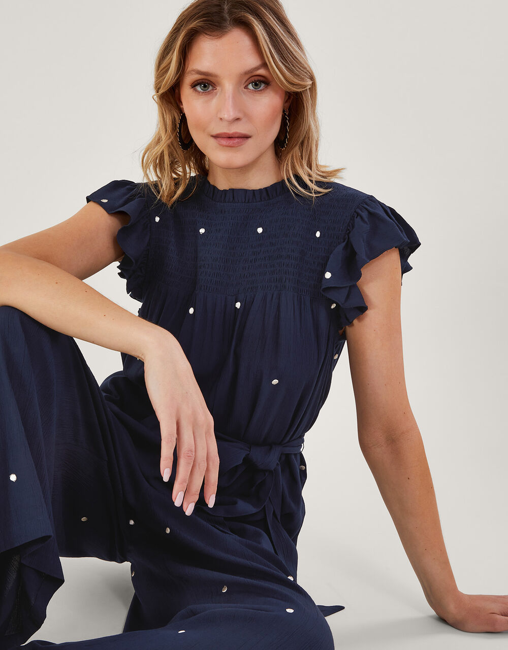 Embroidered Spot Jumpsuit Blue | Jumpsuits | Monsoon UK.