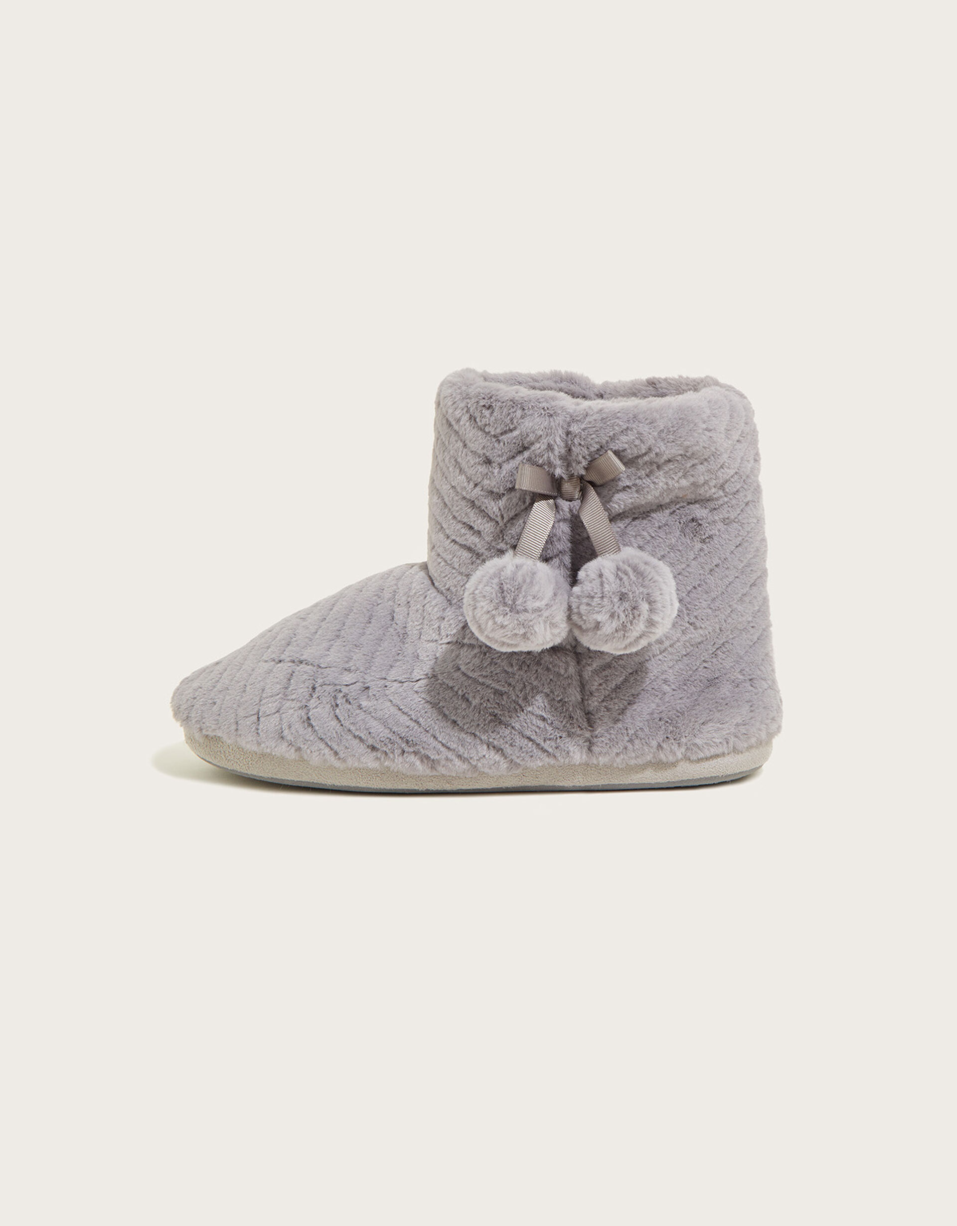 Quilted Pom-Pom Slipper Boots Grey