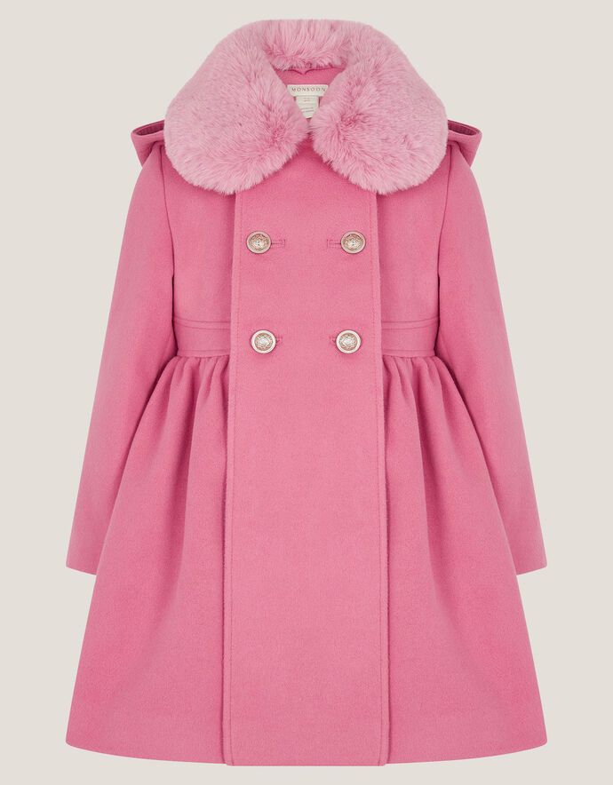 Natalia Faux Fur Collar Double-Breasted Coat Pink