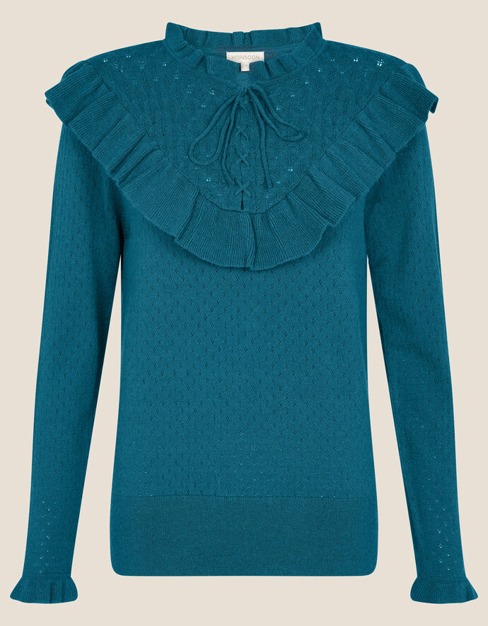 Ronnie Ruffle Lace-Up Jumper Teal | Jumpers | Monsoon UK.