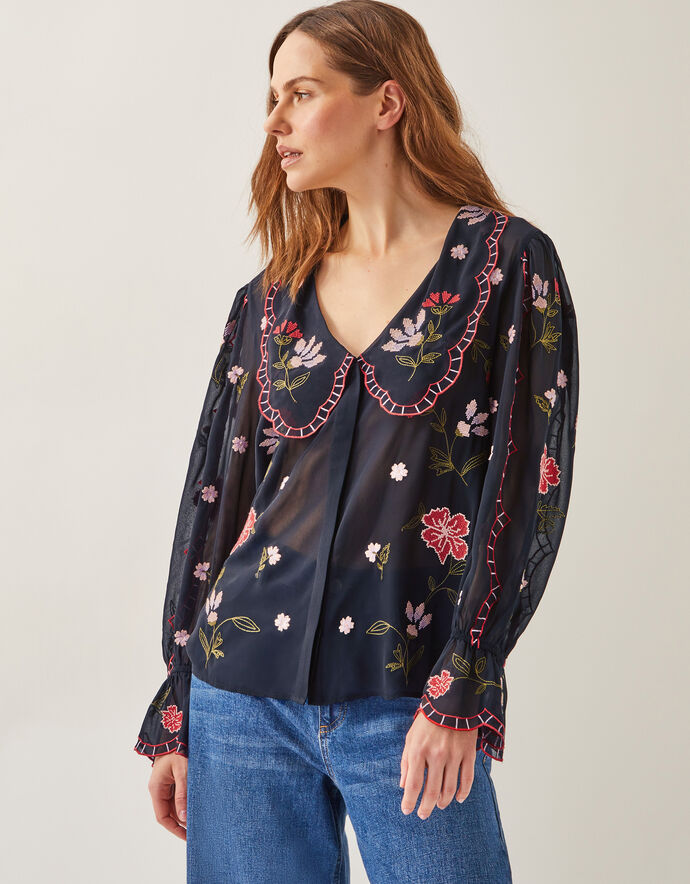 Laila Sheer Embroidered Collar Blouse Black