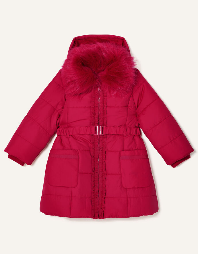Ruffle Padded and Hooded Coat Red