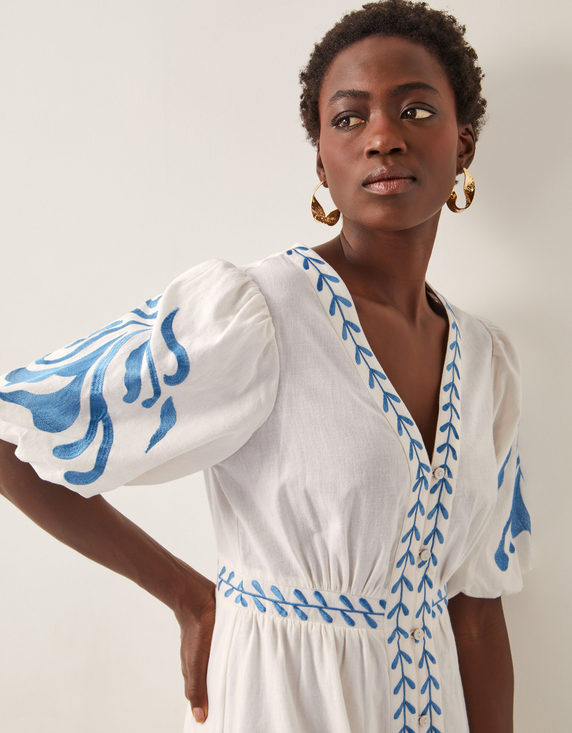 Maria Embroidered Puff Sleeve Midi Dress White