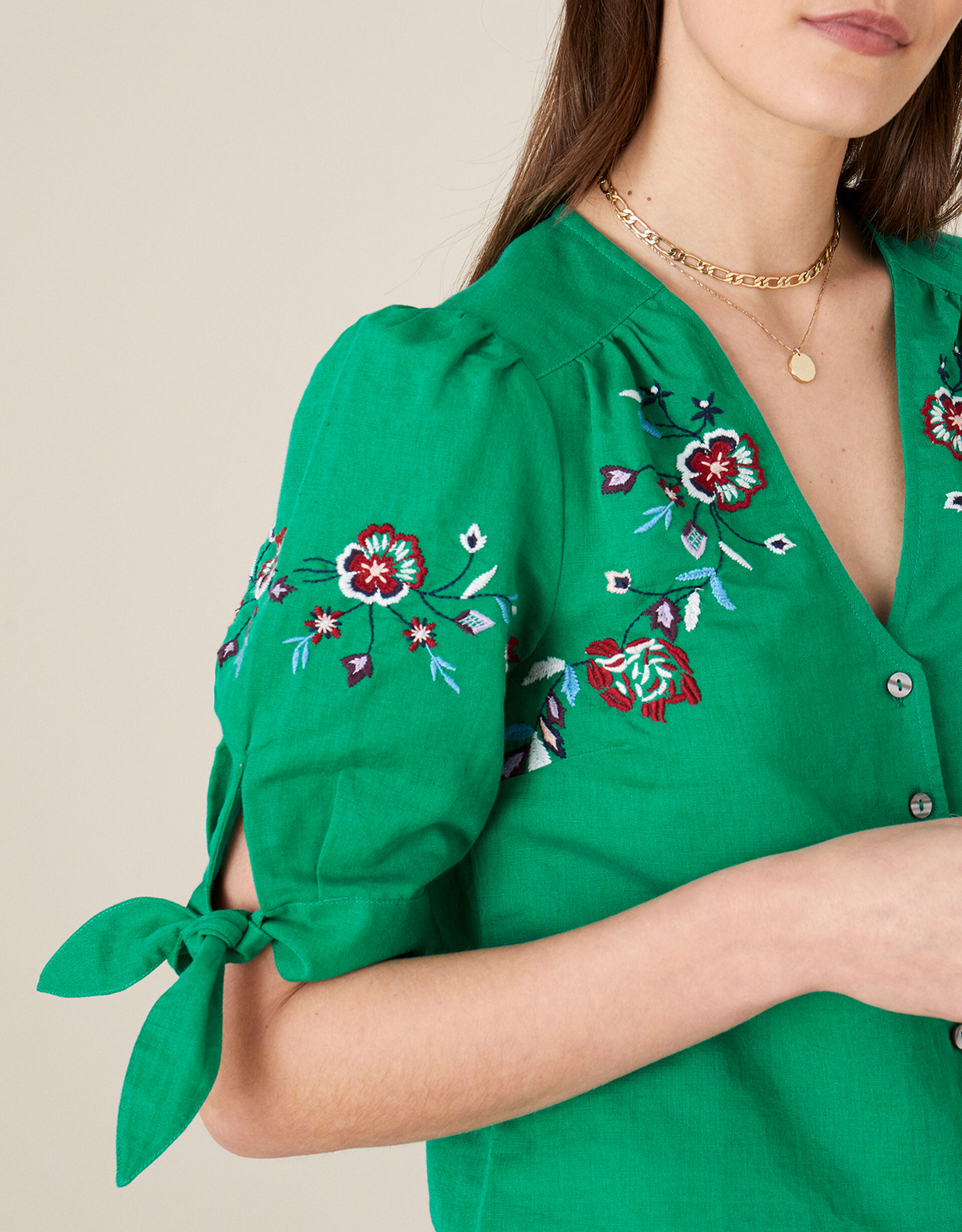 Floral Embroidered Top in Linen Blend Green | Tops & T-shirts | Monsoon UK.