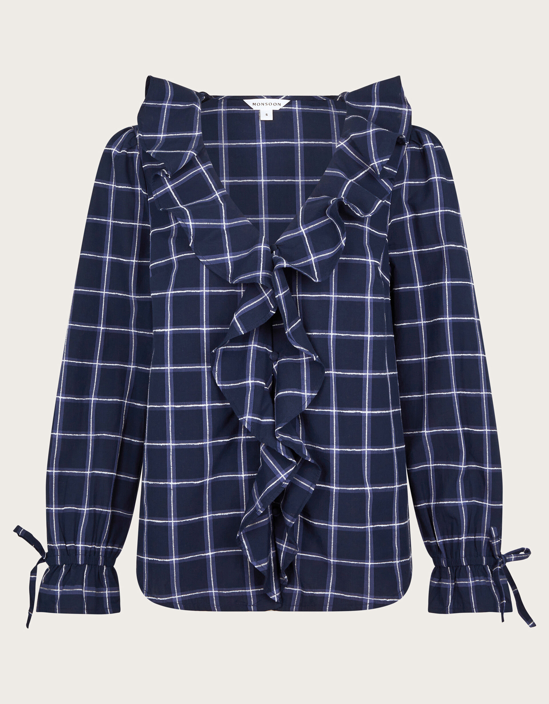 Frankie Check Print Ruffle Blouse Blue | Tops & T-shirts | Monsoon UK.