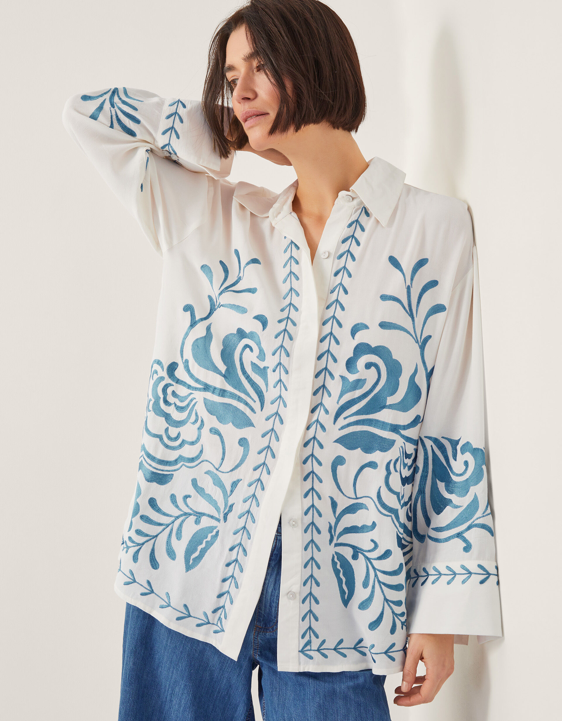 Cora Leaf Embroidered Shirt White | Tops & T-shirts | Monsoon UK.