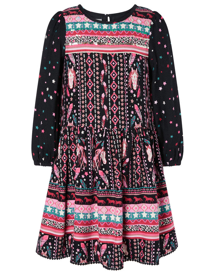 Horse Print Long Sleeve Dress Black