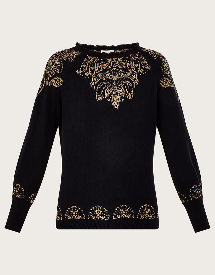 Frill Neck Floral Metallic Jumper Black