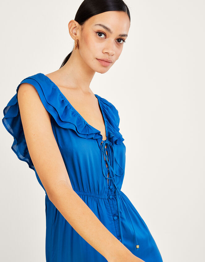 Frill Collar Plain Midi Dress in LENZING™ ECOVERO™ Blue