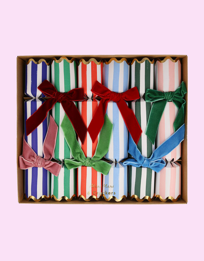 Meri Meri 6-Pack Stripe Velvet Bow Christmas Crackers