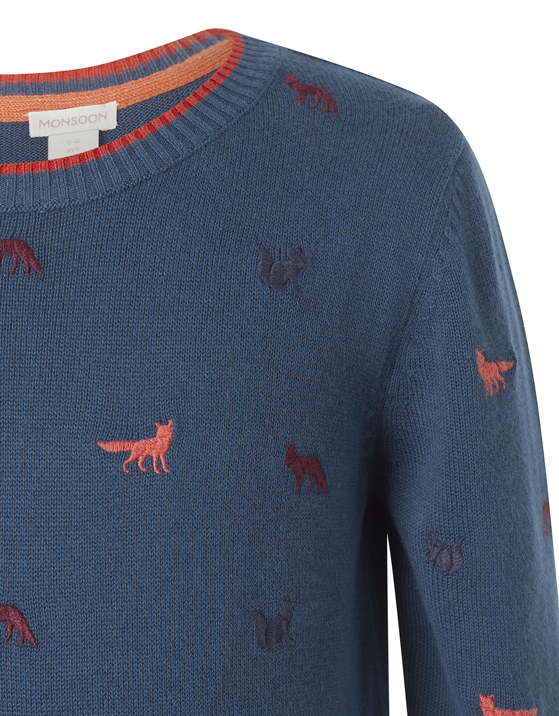 Embroidered Fox Knit Jumper in Organic Cotton Teal