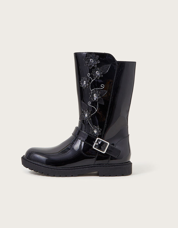 Patent Flower Riding Boots Black | Shoes | Monsoon UK.