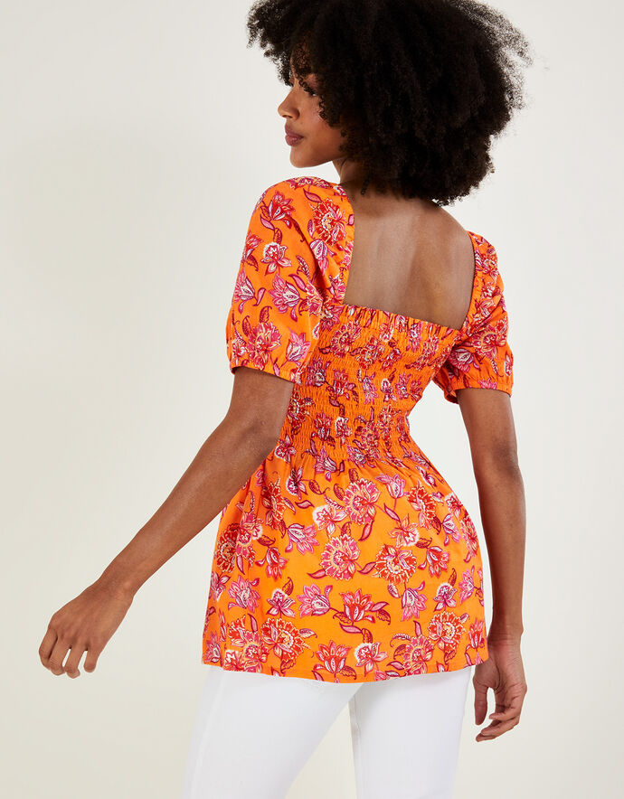 Floral Print Shirred Bodice Top in Sustainable Cotton Orange
