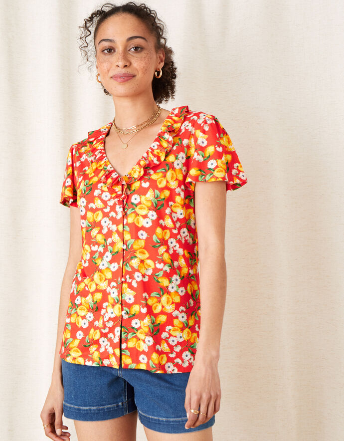 Lily Lemon Print Ruffle Top Red