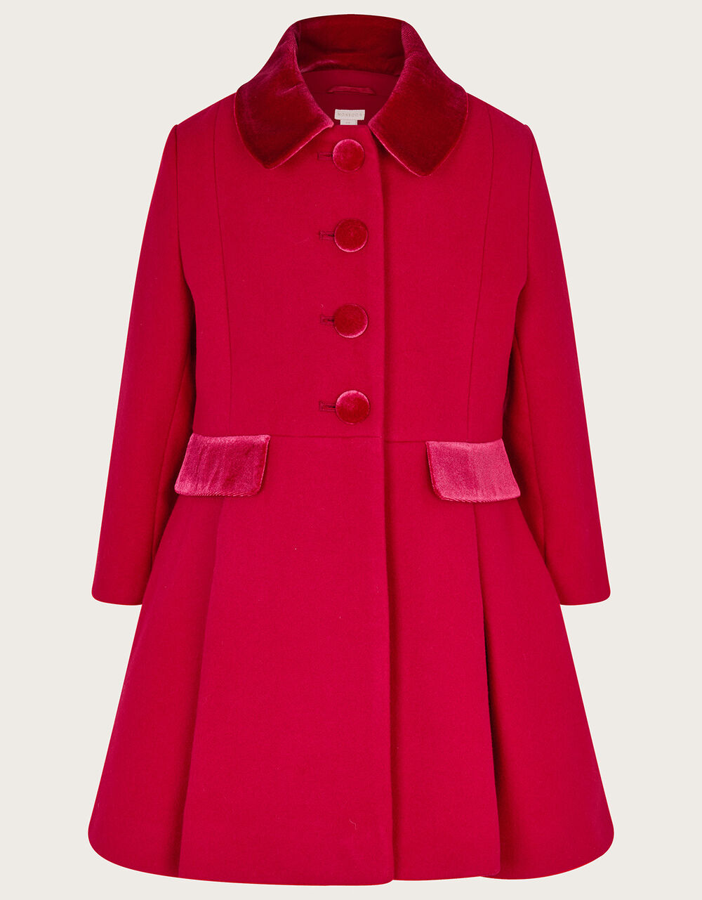 Velvet Trim Pleat Coat Red | Girls' Coats & Jackets | Monsoon UK.